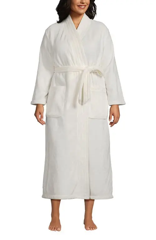 LANDS' END Cozy Plush Long Wrap Robe - Ivory