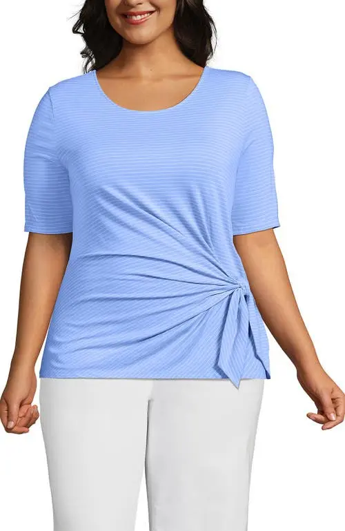 LANDS' END Lightweight Jersey Tie Front Top - Clear Blue Sky Thin Stripe