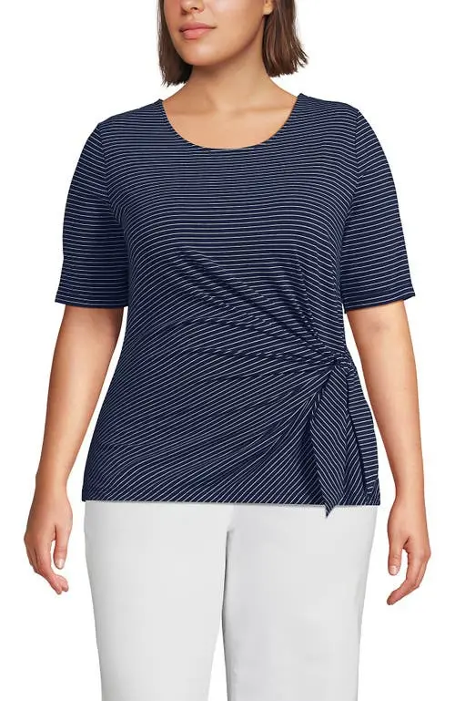 LANDS' END Lightweight Jersey Tie Front Top - Deep Sea Navy Thin Stripe