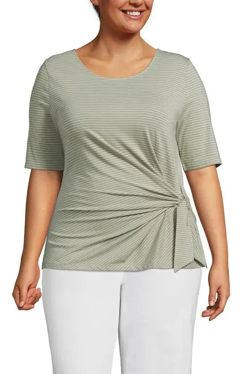 LANDS' END Lightweight Jersey Tie Front Top - Sage Thin Stripe