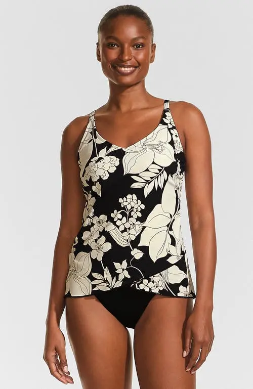 LANDS' END Tulip Hem Tankini Top - Black/egret Lilies
