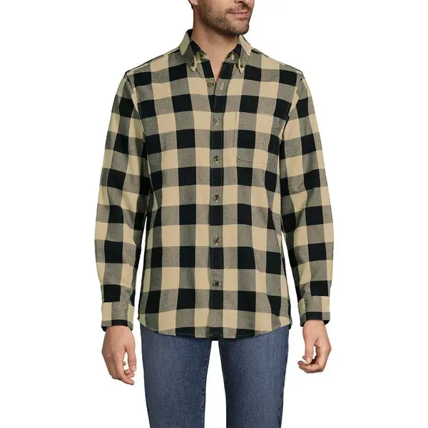 LANDS' END Traditional Fit Flagship Flannel Shirt - Black/champagne Buffalo Check