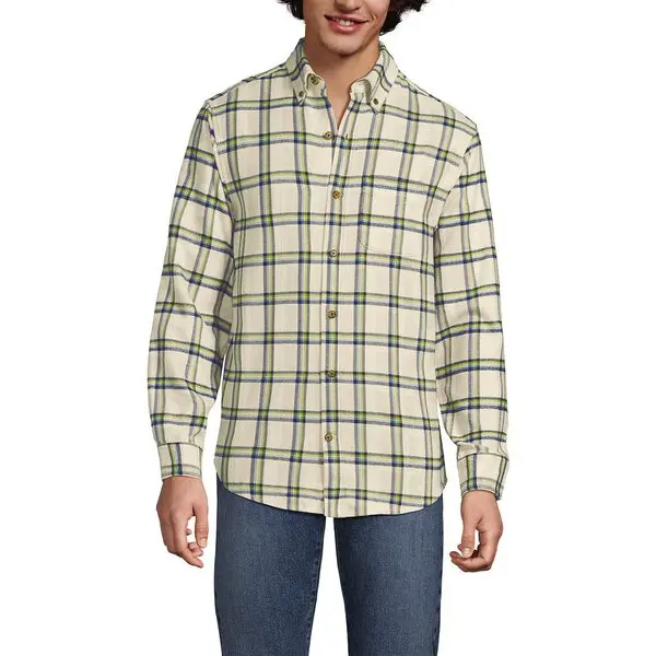 LANDS' END Traditional Fit Flagship Flannel Shirt - Ivory Latte Plaid