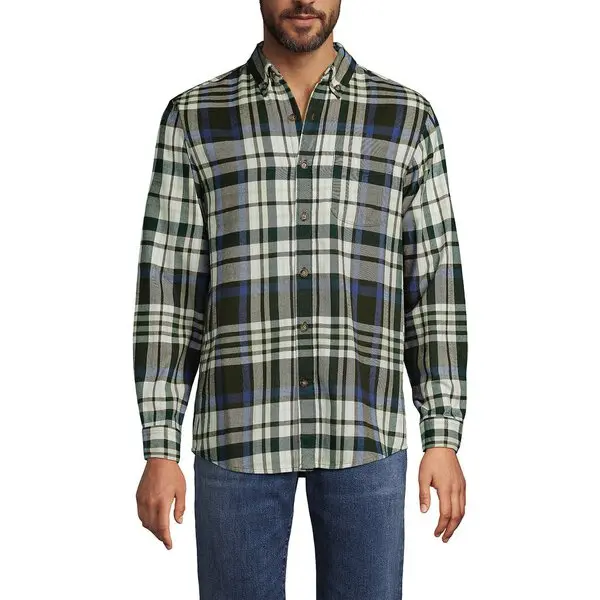 LANDS' END Traditional Fit Flagship Flannel Shirt - Ivory/antique Moss Plaid