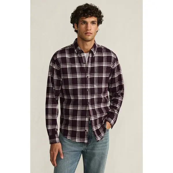 LANDS' END Traditional Fit Flagship Flannel Shirt - Lush Burgundy/ivory Plaid