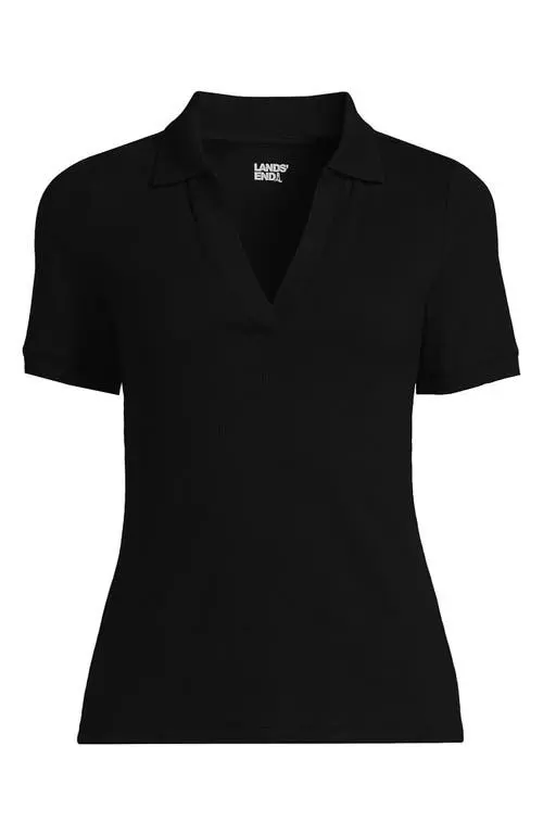 LANDS' END Short Sleeve Rib Knit Polo - Black