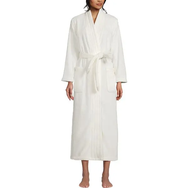 LANDS' END Cozy Plush Long Wrap Robe - Ivory