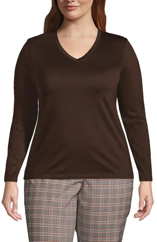 LANDS' END Supima Cotton Long-sleeve V-neck T-shirt - Rich Coffee