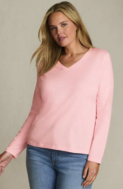 LANDS' END Supima Cotton Long-sleeve V-neck T-shirt - Sea Salt Pink