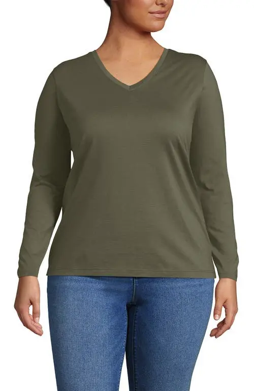 LANDS' END Supima Cotton Long Sleeve V-neck T-shirt - Soft Olive Drab