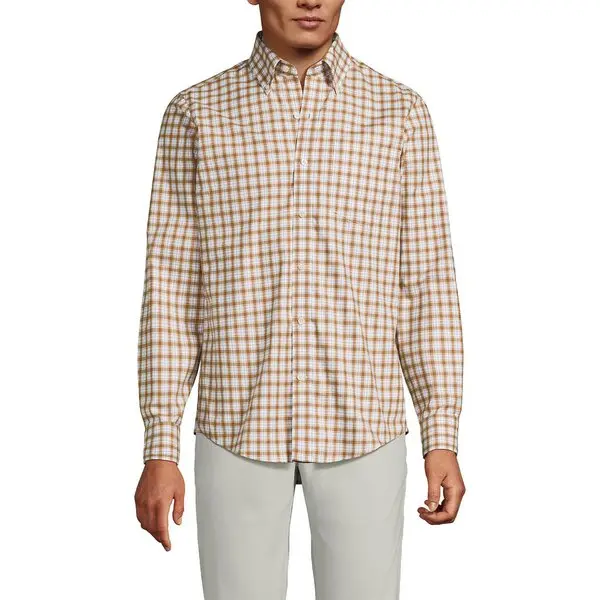 LANDS' END Traditional Fit No Iron Twill Shirt - Canyon Camel/blue Plaid