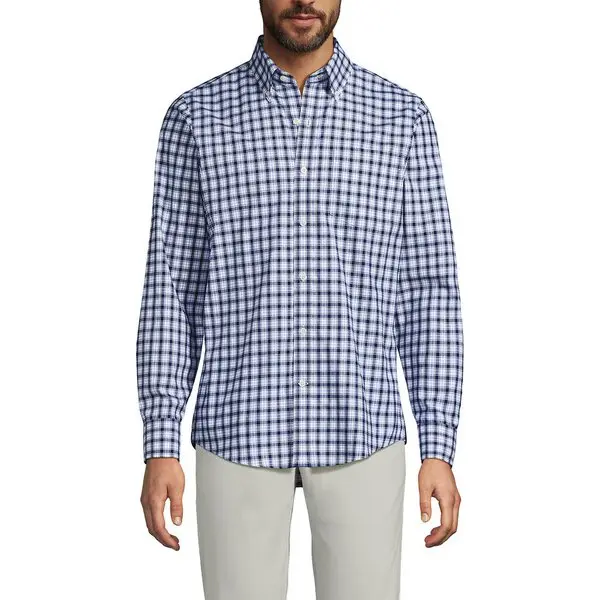 LANDS' END Traditional Fit No Iron Twill Shirt - Deep Sea Navy/tourmaline Plaid