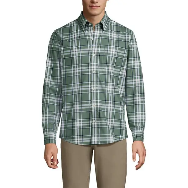 LANDS' END Traditional Fit No Iron Twill Shirt - Eucalyptus/navy Plaid