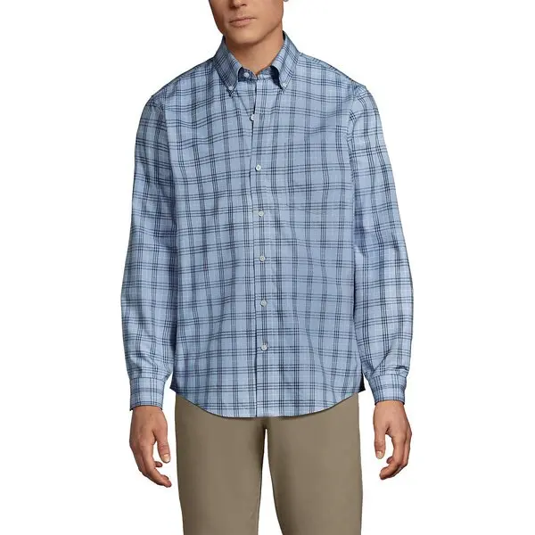 LANDS' END Traditional Fit No Iron Twill Shirt - Light Indigo Blue Plaid