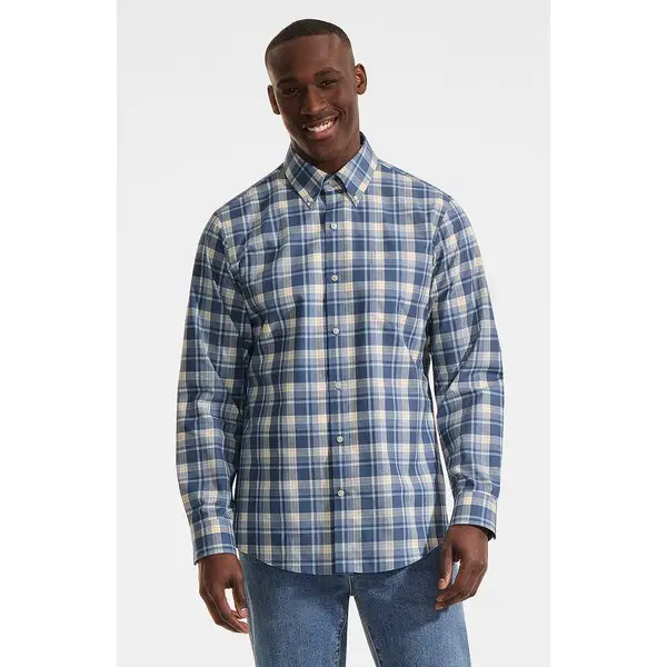 LANDS' END Traditional Fit No Iron Twill Shirt - Light Indigo Blue/yellow Plaid