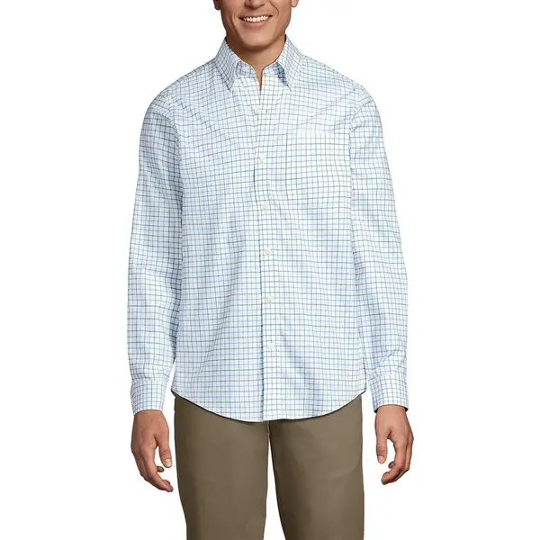 LANDS' END Traditional Fit No Iron Twill Shirt - Muted Blue/green Plaid
