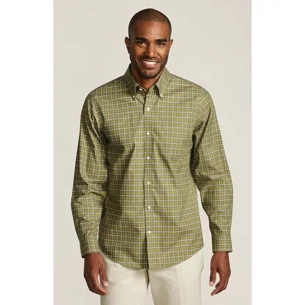 LANDS' END Traditional Fit No Iron Twill Shirt - River Stone Green/gold Plaid