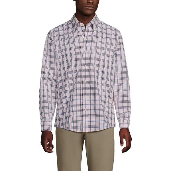 LANDS' END Traditional Fit No Iron Twill Shirt - Sea Salt Pink/navy Plaid