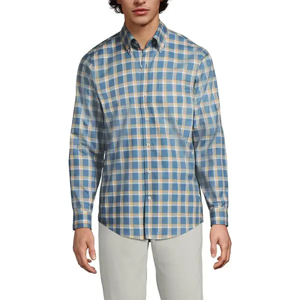 LANDS' END Traditional Fit No Iron Twill Shirt - Soft Peacock Plaid