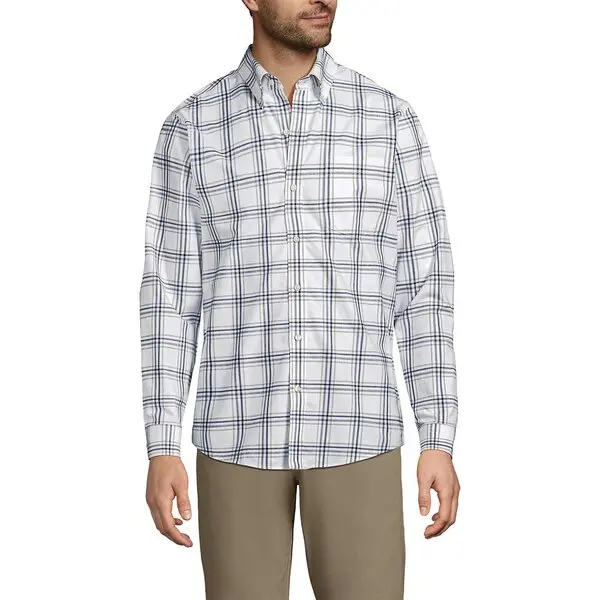 LANDS' END Traditional Fit No Iron Twill Shirt - White/indigo Blue Windowpane
