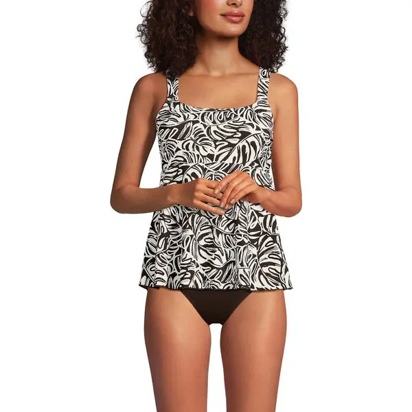 LANDS' END Adjustable Scoop Neck Flutter Tankini Top - Brown Mini Tropic Leaves