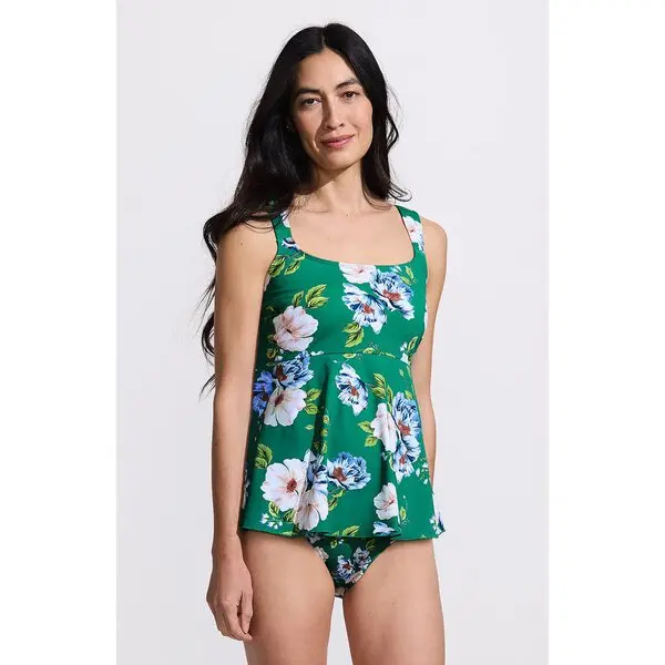LANDS' END Adjustable Scoop Neck Flutter Tankini Top - Island Emerald Petunia Floral