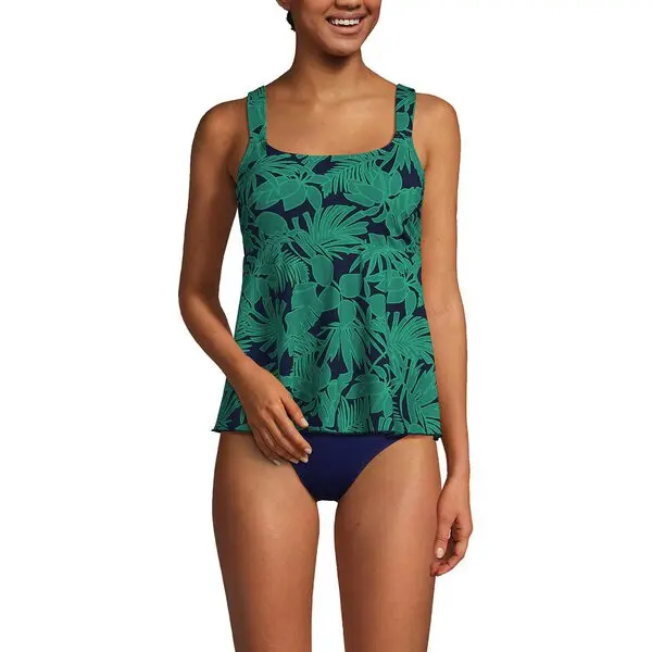 LANDS' END Adjustable Scoop Neck Flutter Tankini Top - Navy/emerald Palm Foliage