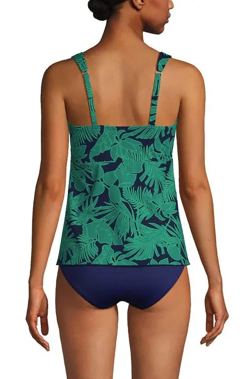 LANDS' END Adjustable Scoop Neck Flutter Tankini Top - Navy/emerald Palm Foliage