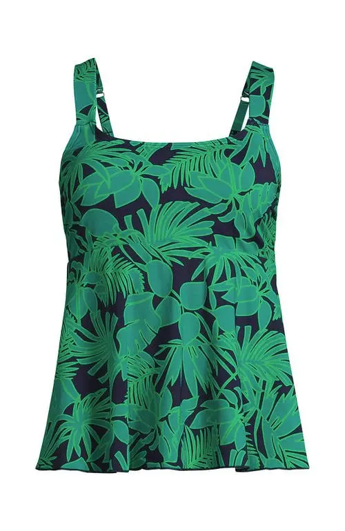 LANDS' END Adjustable Scoop Neck Flutter Tankini Top - Navy/emerald Palm Foliage
