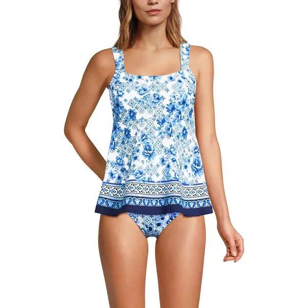LANDS' END Adjustable Scoop Neck Flutter Tankini Top - White Mosaic Floral Geo Border