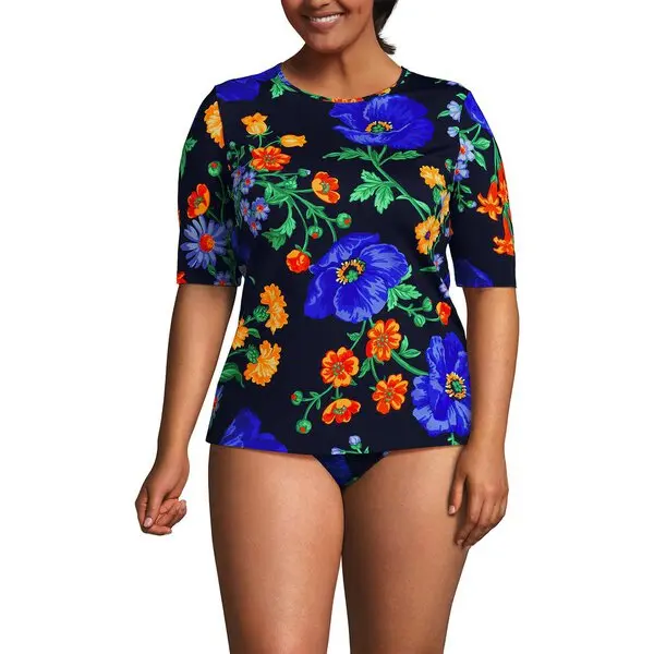LANDS' END Upf 50 Elbow Sleeve Rash Guard - Navy/exploded Poppy Floral