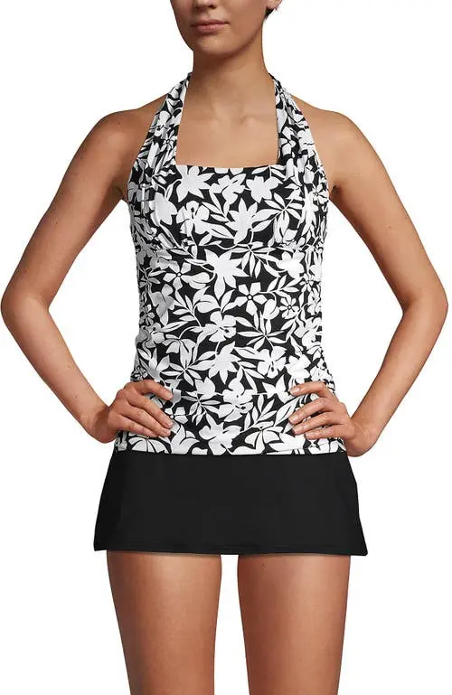 LANDS' END Chlorine Resistant Square Neck Halter Tankini Swimsuit Top - Black Havana Floral