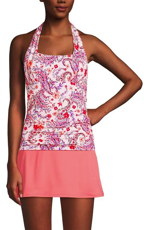 LANDS' END Chlorine Resistant Square Neck Halter Tankini Swimsuit Top - Wood Lily Multi Floral Paisley