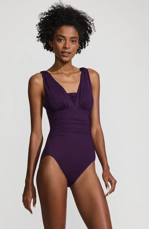 LANDS' END Slender Suit Grecian Low Leg One Piece Swimsuit - Blackberry