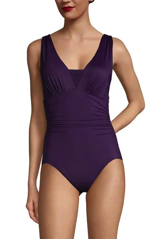 LANDS' END Slendersuit Grecian Low Leg One Piece Swimsuit - Blackberry