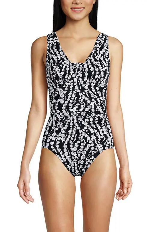LANDS' END Slendersuit Grecian Tummy Control One Piece Swimsuit - Black/white Vine Floral