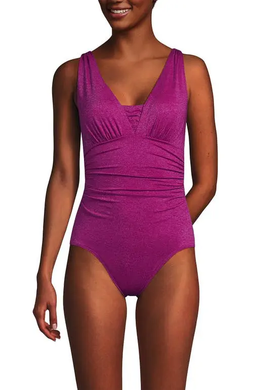 LANDS' END Slender Suit Grecian Low Leg One Piece Swimsuit - Bright Magenta Shine