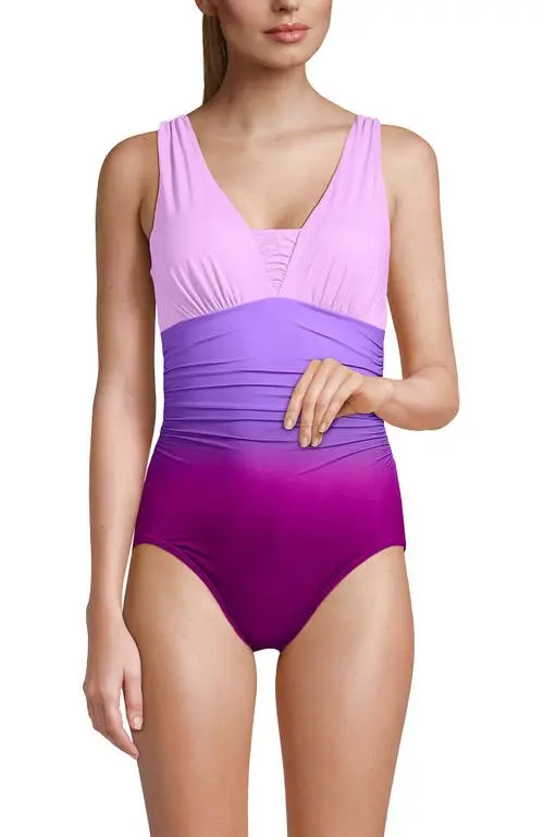 LANDS' END Slendersuit Grecian Tummy Control One Piece Swimsuit - Crimson Rose/purple Ombre