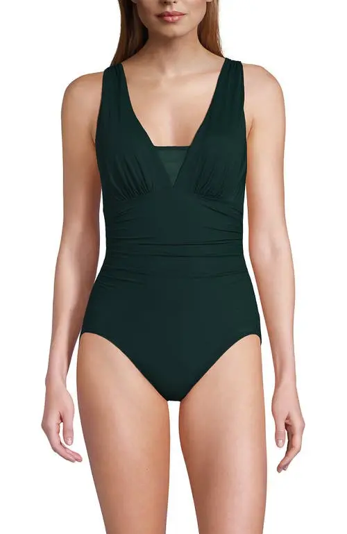 LANDS' END Slendersuit Grecian Tummy Control One Piece Swimsuit - Deep Balsam