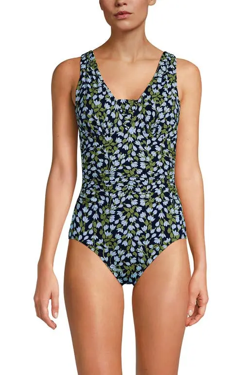LANDS' END Slendersuit Grecian Tummy Control One Piece Swimsuit - Navy Mini Bloom Floral
