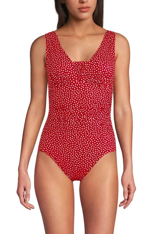 LANDS' END Slendersuit Grecian Tummy Control One Piece Swimsuit - Red Mini Dot