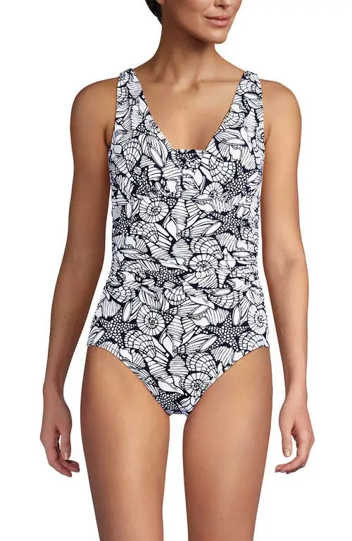 LANDS' END Slendersuit Grecian Tummy Control One Piece Swimsuit - Tossed Shells/deep Sea Navy