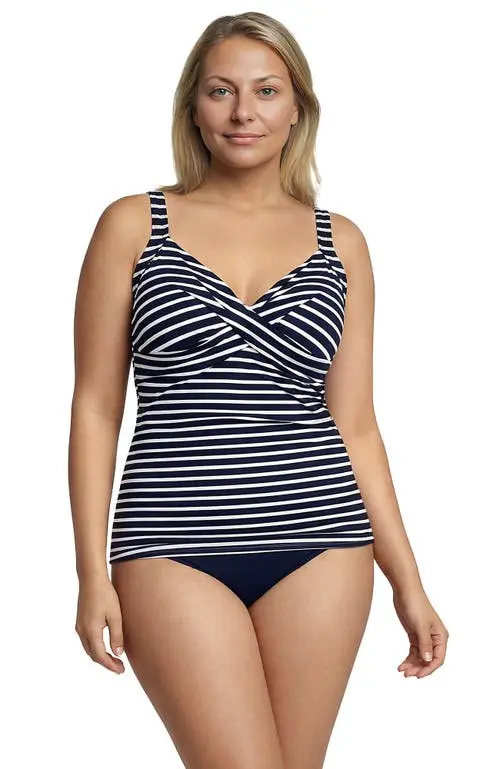 LANDS' END Sweetheart Wrap Underwire Tankini Top - Deep Sea/white Media Stripes