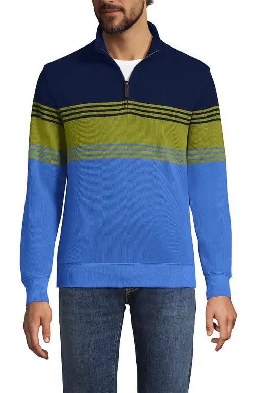 LANDS' END Bedford Rib Quarter Zip Pullover - Muted Cobalt Placed Stripe