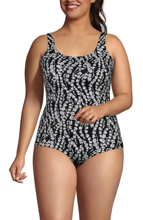 LANDS' END Mastectomy Scoop Neck One Piece Swimsuit - Black/white Vine Floral