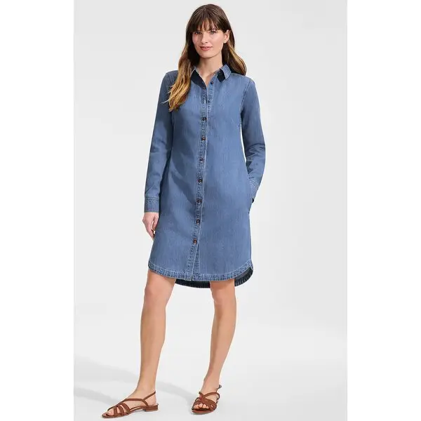 LANDS' END Linen Shirt Dress - Medium Blue Wash