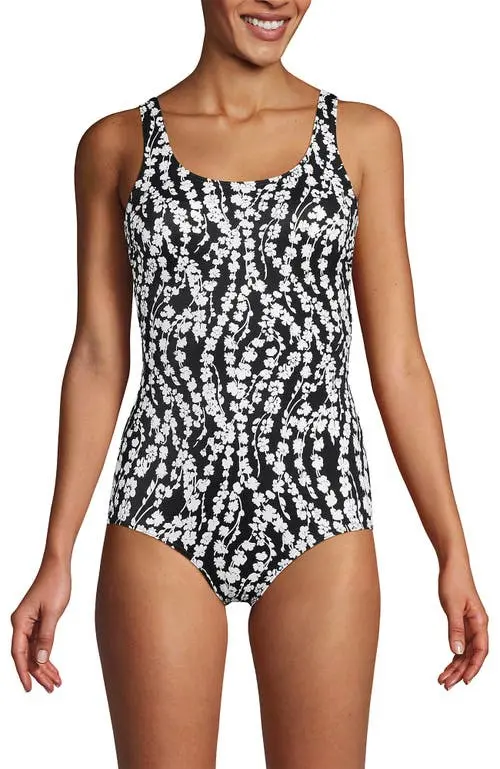 LANDS' END Mastectomy Chlorine Resistant One Piece Swimsuit Soft Cup - Black/white Vine Floral