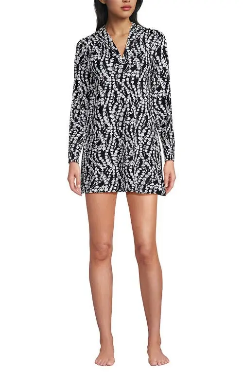 LANDS' END Cotton Jersey Long Sleeve Hooded Swim Cover-up Dress - Black/white Vine Floral