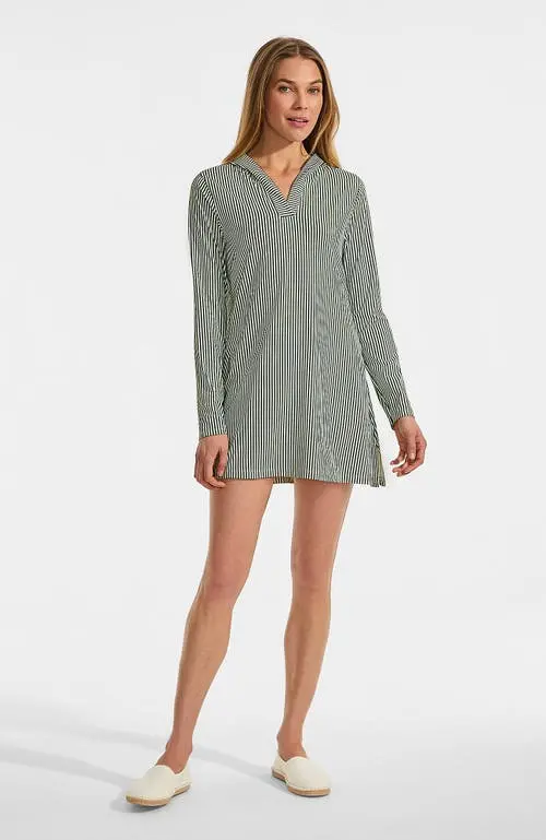 LANDS' END Cotton Jersey Long Sleeve Hooded Cover-up Dress - Fusion Green Mini Stripe