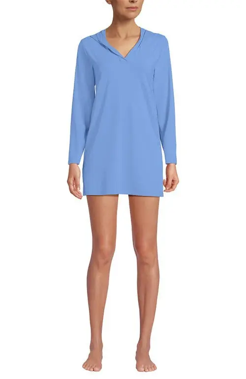 LANDS' END Cotton Jersey Long Sleeve Hooded Swim Cover-up Dress - Lake Blue